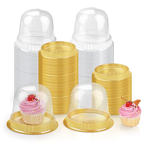 WYOMER 50 Pack 4inch Gold Single Cupcake Boxes with Lid Plastic Individual Cupcake Container Single Cupcake Holder