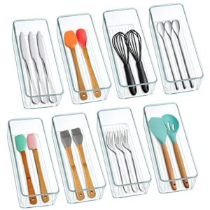 hudgan 8 pack clear plastic drawer organizer bins set, stackable cutlery storage bins trays for organizing kitchen supplies, bathroom supplies, office supplies, crafts, gadgets, cabinet supplies