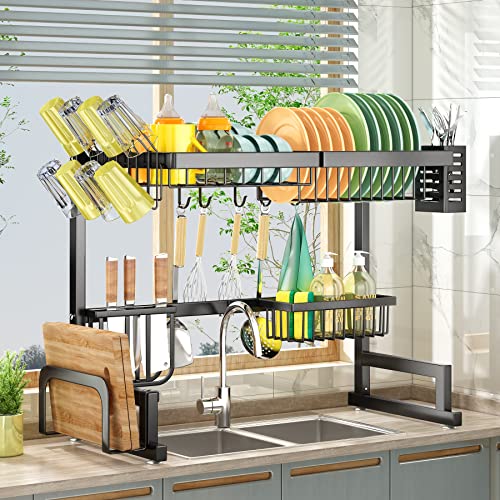 SNTD Dish Drying Rack, Over The Sink Dish Drying Rack Adjustable (from 26.9" to 34.7"), 2 Tier Dish Rack with Utensil Holder Sink Caddy Stainless Steel Dish Drainer for Kitchen Counter, Black