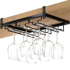 wine glass rack under cabinet, budo 3 rows nail free wine glass holder under shelf, adjustable stemware storage drying hanger organizer for kitchen cabinet bar (black)