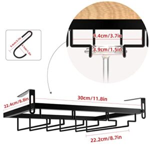 Wine Glass Rack Under Cabinet, BUDO 3 Rows Nail Free Wine Glass Holder Under Shelf, Adjustable Stemware Storage Drying Hanger Organizer for Kitchen Cabinet Bar (Black)