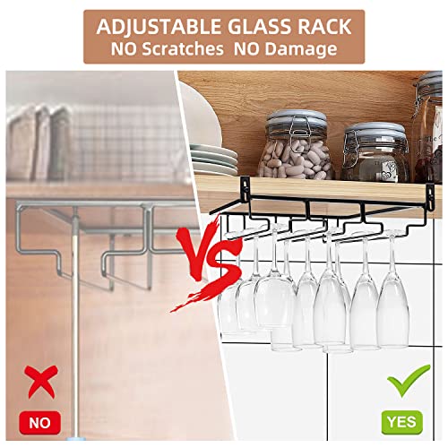 Wine Glass Rack Under Cabinet, BUDO 3 Rows Nail Free Wine Glass Holder Under Shelf, Adjustable Stemware Storage Drying Hanger Organizer for Kitchen Cabinet Bar (Black)