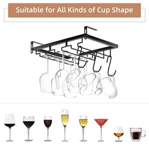 Wine Glass Rack Under Cabinet, BUDO 3 Rows Nail Free Wine Glass Holder Under Shelf, Adjustable Stemware Storage Drying Hanger Organizer for Kitchen Cabinet Bar (Black)