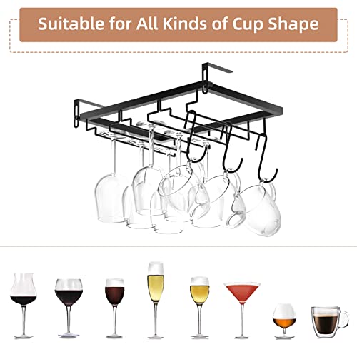 Wine Glass Rack Under Cabinet, BUDO 3 Rows Nail Free Wine Glass Holder Under Shelf, Adjustable Stemware Storage Drying Hanger Organizer for Kitchen Cabinet Bar (Black)