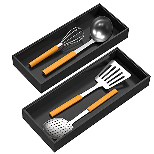 VeyFey Bamboo Drawer Organizer, Stackable Utensil Organizer for Kitchen, Black Silverware Tray for Drawer 15" x 6" x 2" Set of 2