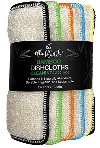 Whiffkitch Bamboo Dishcloths for Kitchen and Multi Surface Cleaning, 6"x7" 6pk Set, Reusable, Washable, Scrub-Non-Scratch, Extra Absorbent, Quick Drying, Eco Friendly Rags, Household Essential Cloths