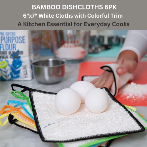 Whiffkitch Bamboo Dishcloths for Kitchen and Multi Surface Cleaning, 6"x7" 6pk Set, Reusable, Washable, Scrub-Non-Scratch, Extra Absorbent, Quick Drying, Eco Friendly Rags, Household Essential Cloths