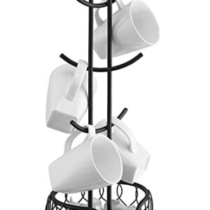 SunnyPoint Heavy Wire Gauge 6 Mug Tree Countertop Holder, Coffee Mugs and Tea Cup Storage Rack with Small Storage Area (Mat Black, 18.2 x 7 x 7 Inch)