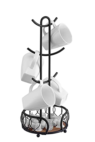 SunnyPoint Heavy Wire Gauge 6 Mug Tree Countertop Holder, Coffee Mugs and Tea Cup Storage Rack with Small Storage Area (Mat Black, 18.2 x 7 x 7 Inch)