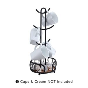 SunnyPoint Heavy Wire Gauge 6 Mug Tree Countertop Holder, Coffee Mugs and Tea Cup Storage Rack with Small Storage Area (Mat Black, 18.2 x 7 x 7 Inch)