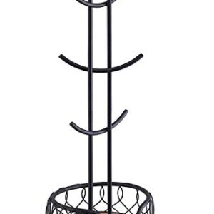 SunnyPoint Heavy Wire Gauge 6 Mug Tree Countertop Holder, Coffee Mugs and Tea Cup Storage Rack with Small Storage Area (Mat Black, 18.2 x 7 x 7 Inch)