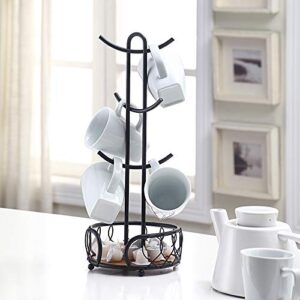 SunnyPoint Heavy Wire Gauge 6 Mug Tree Countertop Holder, Coffee Mugs and Tea Cup Storage Rack with Small Storage Area (Mat Black, 18.2 x 7 x 7 Inch)