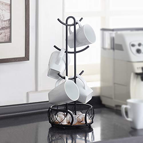 SunnyPoint Heavy Wire Gauge 6 Mug Tree Countertop Holder, Coffee Mugs and Tea Cup Storage Rack with Small Storage Area (Mat Black, 18.2 x 7 x 7 Inch)