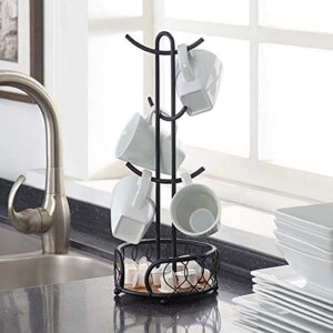 SunnyPoint Heavy Wire Gauge 6 Mug Tree Countertop Holder, Coffee Mugs and Tea Cup Storage Rack with Small Storage Area (Mat Black, 18.2 x 7 x 7 Inch)