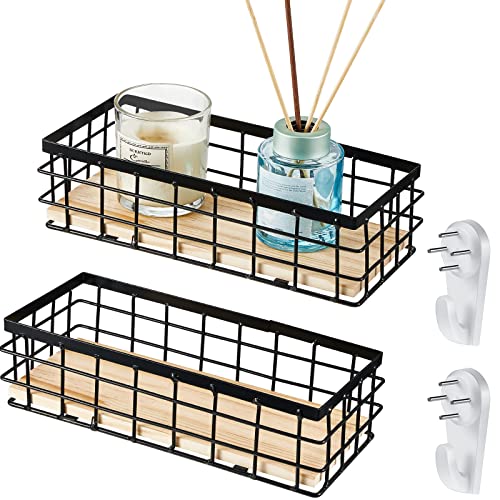 2 Pieces Small Metal Wire Basket Toilet Paper Basket Black Wire Bathroom Storage Organizer with Wooden Base Rectangular Wall Mounted Metal Basket for Kitchen Countertop (9.84 x 3.94 x 2.76 Inches)