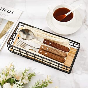 2 Pieces Small Metal Wire Basket Toilet Paper Basket Black Wire Bathroom Storage Organizer with Wooden Base Rectangular Wall Mounted Metal Basket for Kitchen Countertop (9.84 x 3.94 x 2.76 Inches)