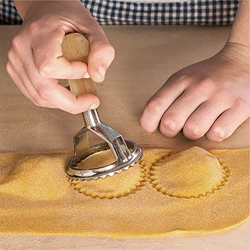 MASTER FENG Ravioli Stamp Maker Cutter with Roller Wheel Set, Mold with Wooden Handle and Fluted Edge, Pasta Press Kitchen Attachment (3 Set with Cutter)