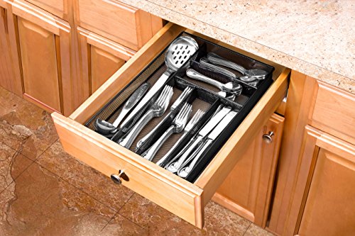 Flatware Drawer Organizer - Slip Resistant Kitchen Tray with 6 Sections to Neatly Arrange Cutlery and Serving Utensils. Also Great to Keep Your Desk Drawer and Office Supplies Well Organized (Black)