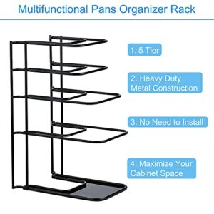 Toplife Heavy Duty Pan Organizer, 5 Tier Pot and Pan Organizer Rack for Cast Iron Skillets, Griddles and Pots - Durable Steel Construction- No Assembly Required - Black