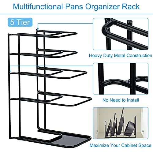 Toplife Heavy Duty Pan Organizer, 5 Tier Pot and Pan Organizer Rack for Cast Iron Skillets, Griddles and Pots - Durable Steel Construction- No Assembly Required - Black