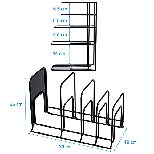 Toplife Heavy Duty Pan Organizer, 5 Tier Pot and Pan Organizer Rack for Cast Iron Skillets, Griddles and Pots - Durable Steel Construction- No Assembly Required - Black