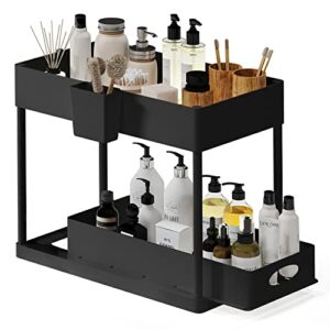 under sink organizers and storage, bathroom cabinet organizer, sink shelf with utility hooks and side caddy for under cabinet storage | under kitchen sink organizer with sliding drawer, black (1-pack)