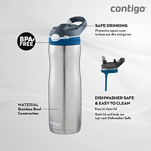 Contigo Ashland Chill Autospout Water Bottle with Flip Straw, Stainless Steel Thermal Drinking Bottle,Leakproof,Grey, BLue, 590 ml