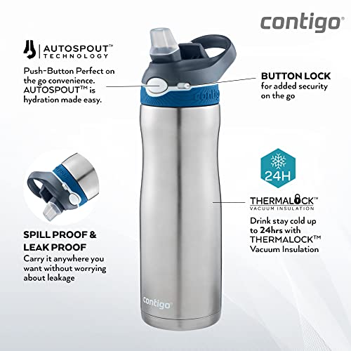 Contigo Ashland Chill Autospout Water Bottle with Flip Straw, Stainless Steel Thermal Drinking Bottle,Leakproof,Grey, BLue, 590 ml