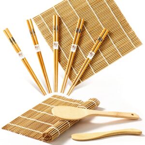 delamu sushi making kit, bamboo sushi mat, including 2 sushi rolling mats, 5 pairs of chopsticks, 1 paddle, 1 spreader, 1 beginner guide pdf, roll on, beginner sushi kit