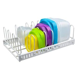 update white food container lid organizer&adjustable metal lid holder rack 6 dividers storage container lid organizer for cabinets, cupboards, pantry, drawers to keep kitchen tidy(patent pending)