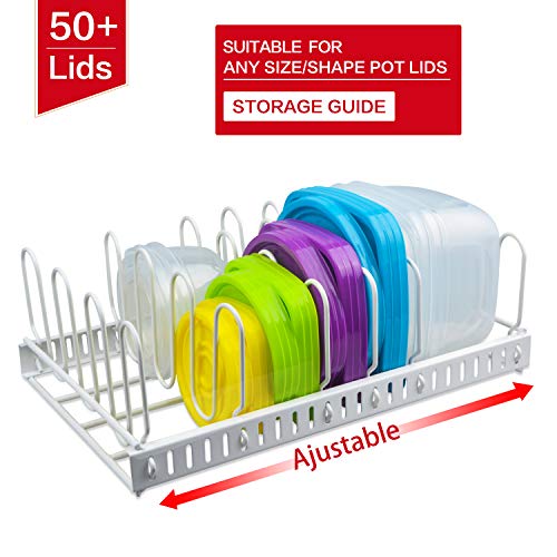 Update White Food Container Lid Organizer&Adjustable Metal Lid Holder Rack 6 Dividers Storage Container Lid organizer for Cabinets, Cupboards, Pantry, Drawers to Keep Kitchen Tidy(Patent Pending)