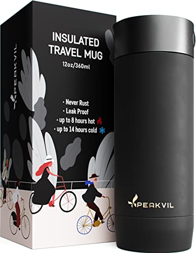 Peakvil 12 oz Insulated Thermos Travel Coffee Mug with Push Button Lid - Leakproof Reusable 304 Stainless Steel Tumbler Cup for Keep Hot/Ice, Coffee, Tea, Water