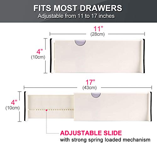 Drawer Dividers Organizer 5 Pack, Adjustable Separators 4" High Expandable from 11-17" for Bedroom, Bathroom, Closet,Clothing, Office, Kitchen Storage, Strong Secure Hold, Foam Ends, Locks in Place