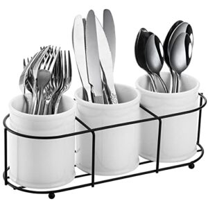 bekith 3-piece ceramic silverware caddy with metal rack, utensil holder flatware caddy cutlery storage organizer for kitchen table, cabinet or pantry