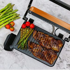 Ovente Electric Indoor Panini Press Grill with Non-Stick Cooking Plate, 1000W Thermostat Control and Removable Drip Tray for Easy Clean, Ideal 2-Slice Sandwich Maker for Breakfast, Copper GP0620CO