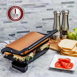 Ovente Electric Indoor Panini Press Grill with Non-Stick Cooking Plate, 1000W Thermostat Control and Removable Drip Tray for Easy Clean, Ideal 2-Slice Sandwich Maker for Breakfast, Copper GP0620CO