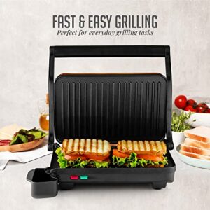 Ovente Electric Indoor Panini Press Grill with Non-Stick Cooking Plate, 1000W Thermostat Control and Removable Drip Tray for Easy Clean, Ideal 2-Slice Sandwich Maker for Breakfast, Copper GP0620CO