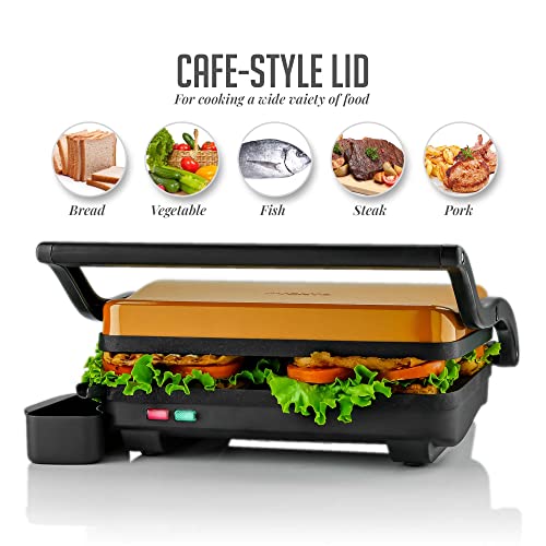 Ovente Electric Indoor Panini Press Grill with Non-Stick Cooking Plate, 1000W Thermostat Control and Removable Drip Tray for Easy Clean, Ideal 2-Slice Sandwich Maker for Breakfast, Copper GP0620CO