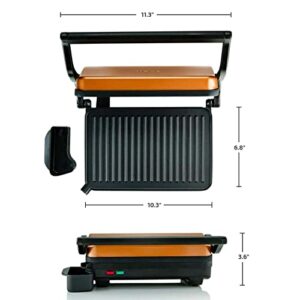 Ovente Electric Indoor Panini Press Grill with Non-Stick Cooking Plate, 1000W Thermostat Control and Removable Drip Tray for Easy Clean, Ideal 2-Slice Sandwich Maker for Breakfast, Copper GP0620CO