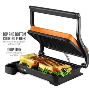 Ovente Electric Indoor Panini Press Grill with Non-Stick Cooking Plate, 1000W Thermostat Control and Removable Drip Tray for Easy Clean, Ideal 2-Slice Sandwich Maker for Breakfast, Copper GP0620CO