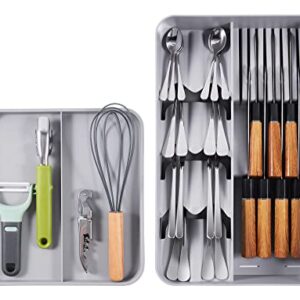 SOMIER 3-in-1 Kitchen Drawer Organizer Flatware Cutlery and Utensil Trays, 2-Tier Knife Holder - 4 Stacked Compartments Silverware Tray - A Removable Divider for Kitchen Gadgets Storage, Gray