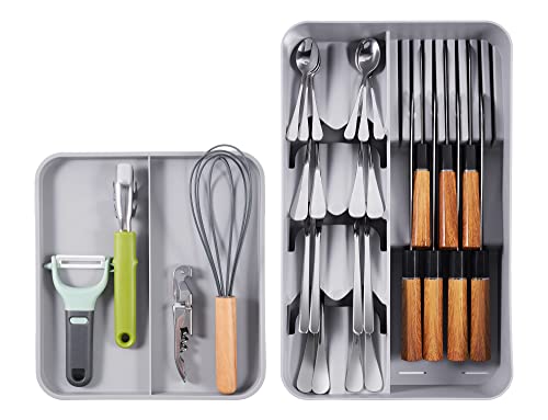 SOMIER 3-in-1 Kitchen Drawer Organizer Flatware Cutlery and Utensil Trays, 2-Tier Knife Holder - 4 Stacked Compartments Silverware Tray - A Removable Divider for Kitchen Gadgets Storage, Gray