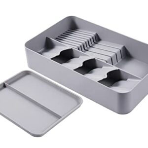 SOMIER 3-in-1 Kitchen Drawer Organizer Flatware Cutlery and Utensil Trays, 2-Tier Knife Holder - 4 Stacked Compartments Silverware Tray - A Removable Divider for Kitchen Gadgets Storage, Gray