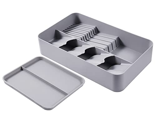 SOMIER 3-in-1 Kitchen Drawer Organizer Flatware Cutlery and Utensil Trays, 2-Tier Knife Holder - 4 Stacked Compartments Silverware Tray - A Removable Divider for Kitchen Gadgets Storage, Gray