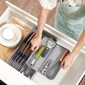 SOMIER 3-in-1 Kitchen Drawer Organizer Flatware Cutlery and Utensil Trays, 2-Tier Knife Holder - 4 Stacked Compartments Silverware Tray - A Removable Divider for Kitchen Gadgets Storage, Gray