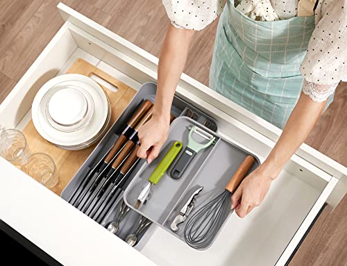 SOMIER 3-in-1 Kitchen Drawer Organizer Flatware Cutlery and Utensil Trays, 2-Tier Knife Holder - 4 Stacked Compartments Silverware Tray - A Removable Divider for Kitchen Gadgets Storage, Gray