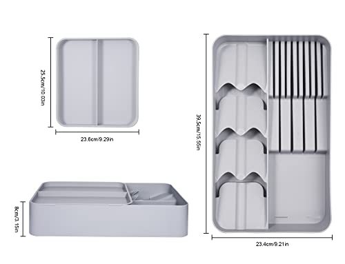 SOMIER 3-in-1 Kitchen Drawer Organizer Flatware Cutlery and Utensil Trays, 2-Tier Knife Holder - 4 Stacked Compartments Silverware Tray - A Removable Divider for Kitchen Gadgets Storage, Gray