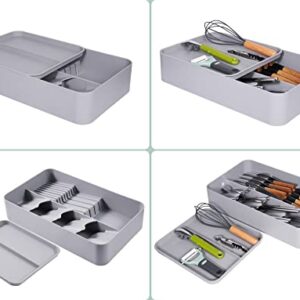 SOMIER 3-in-1 Kitchen Drawer Organizer Flatware Cutlery and Utensil Trays, 2-Tier Knife Holder - 4 Stacked Compartments Silverware Tray - A Removable Divider for Kitchen Gadgets Storage, Gray