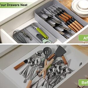 SOMIER 3-in-1 Kitchen Drawer Organizer Flatware Cutlery and Utensil Trays, 2-Tier Knife Holder - 4 Stacked Compartments Silverware Tray - A Removable Divider for Kitchen Gadgets Storage, Gray