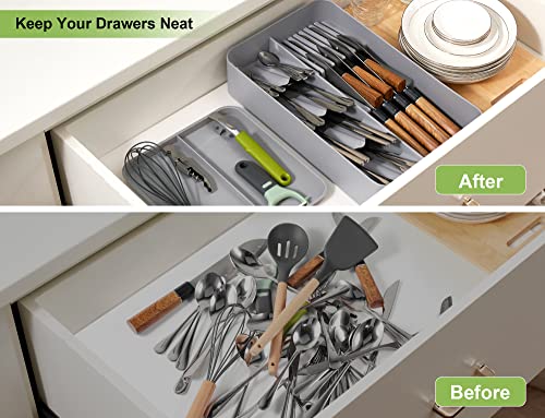 SOMIER 3-in-1 Kitchen Drawer Organizer Flatware Cutlery and Utensil Trays, 2-Tier Knife Holder - 4 Stacked Compartments Silverware Tray - A Removable Divider for Kitchen Gadgets Storage, Gray